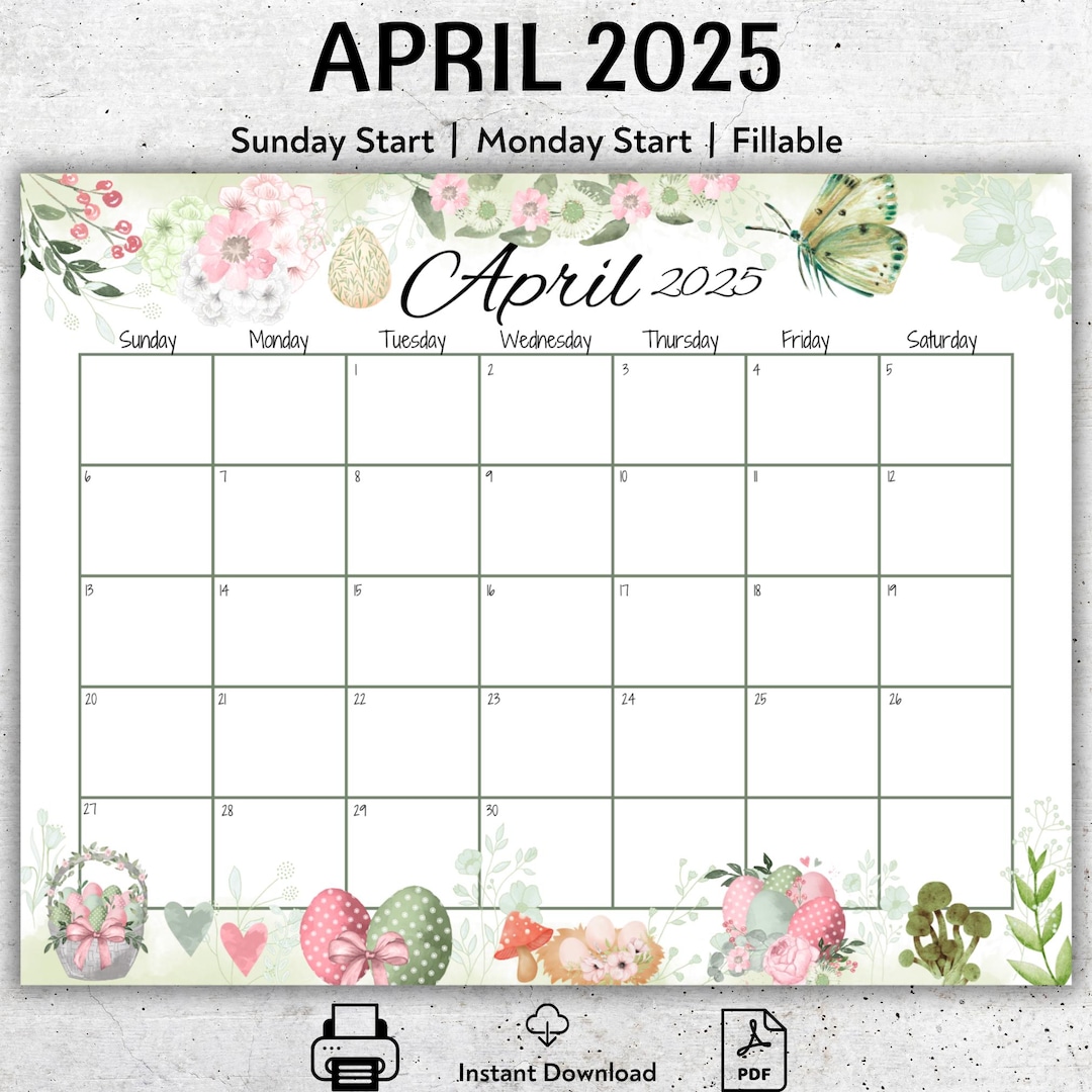 EDITABLE April 2025 Calendar, Happy Easter Day, Green Butterfly ...