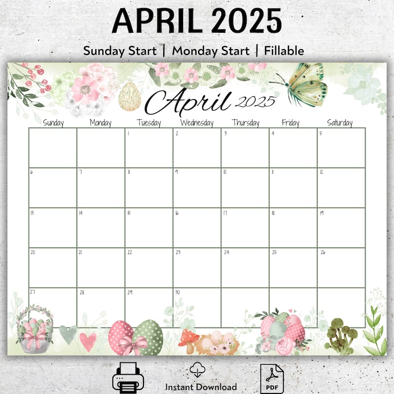 EDITABLE April 2025 Calendar, Happy Easter Day, Green Butterfly ...