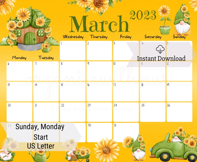 EDITABLE March 2023 Calendar Sunflower Gnome Happy - Etsy