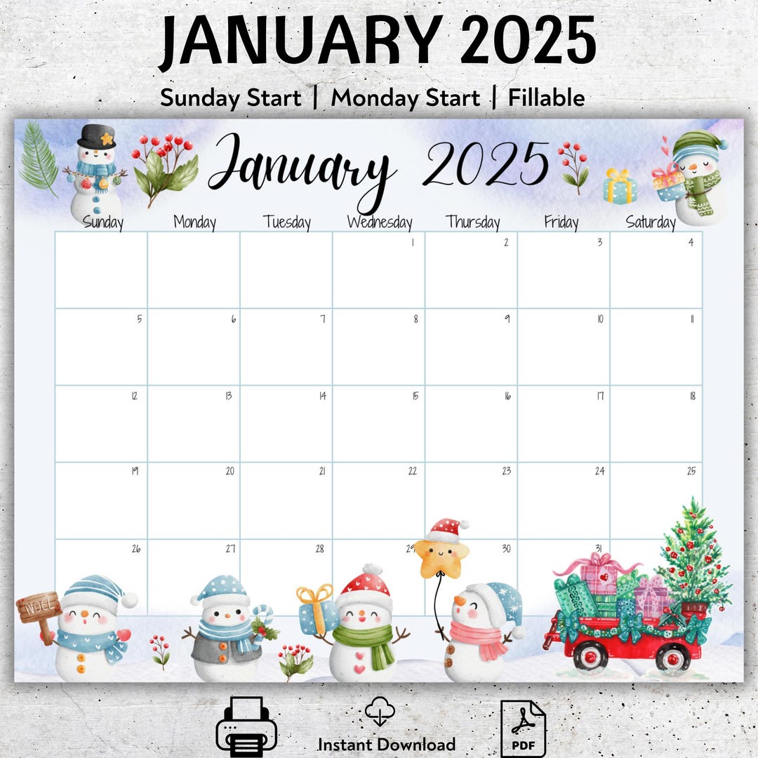EDITABLE January 2025 Calendar, Beautiful Winter, Happy Snowmen, New ...