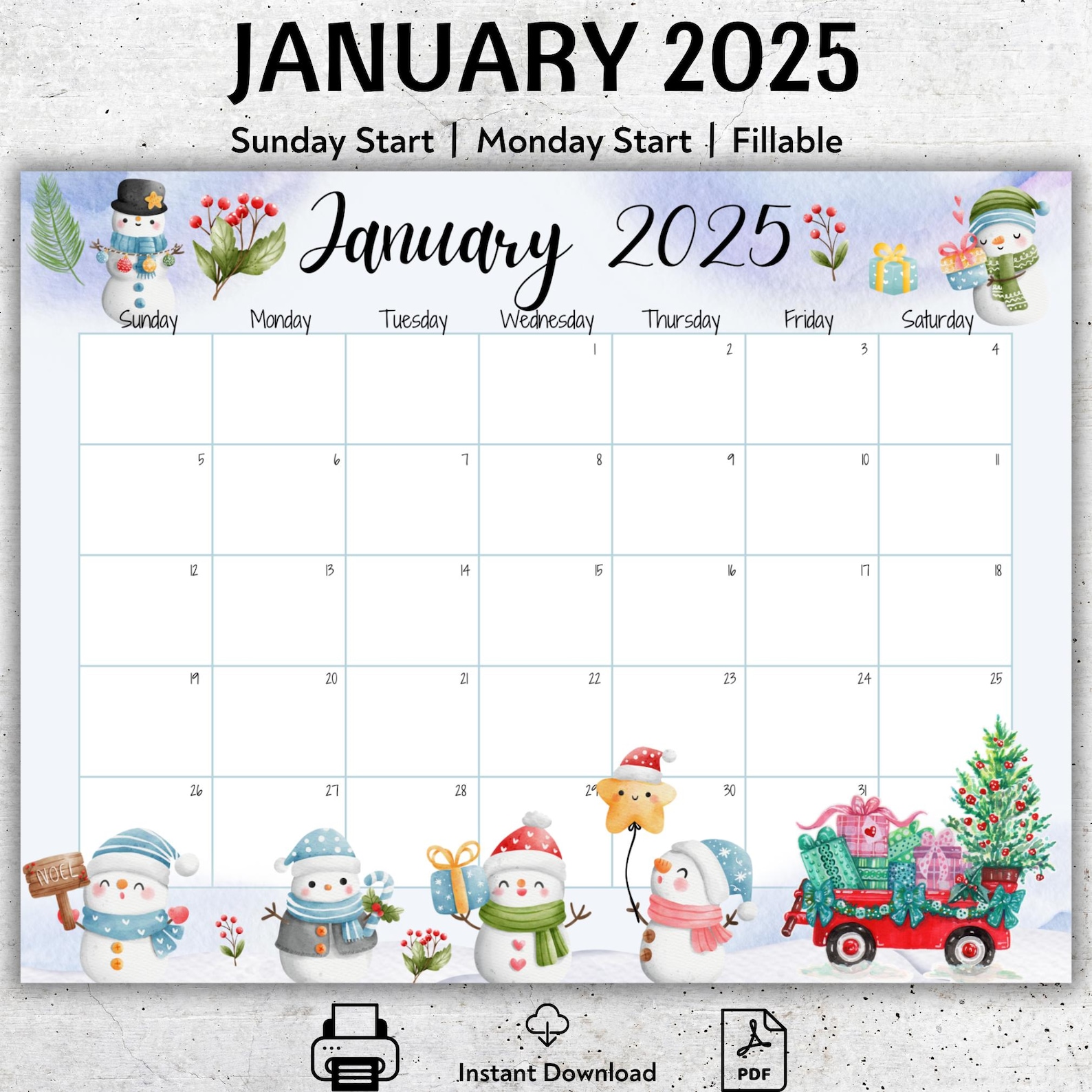 EDITABLE January 2025 Calendar, Beautiful Winter, Happy Snowmen, New ...