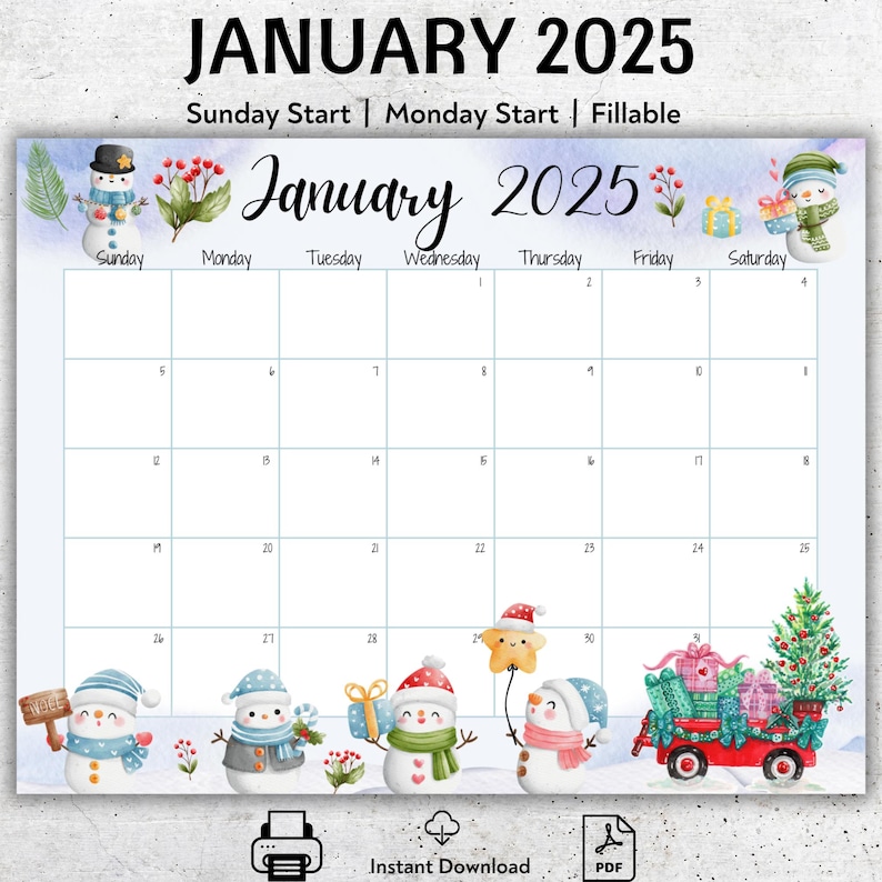 EDITABLE January 2025 Calendar, Beautiful Winter, Happy Snowmen, New ...