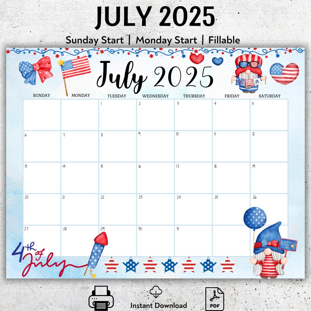 EDITABLE July 2025 Calendar, 4th July Independence Day, Happy 4th July ...