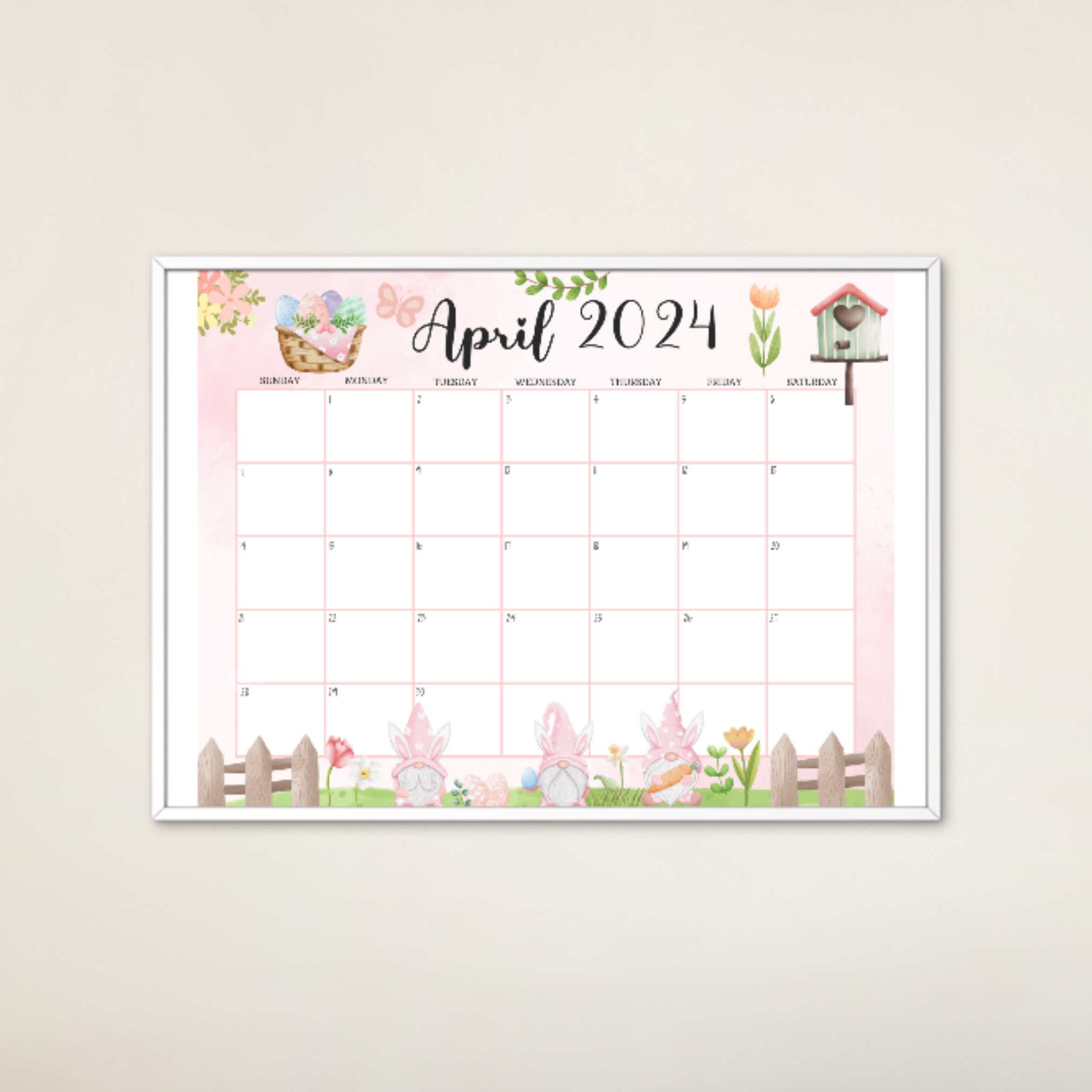 EDITABLE April 2024 Calendar, Happy Easter Day With Cute Gnomes ...