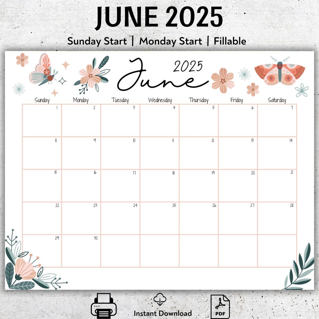 EDITABLE June 2025 Calendar, Boho Style, Beautiful Flowers and ...