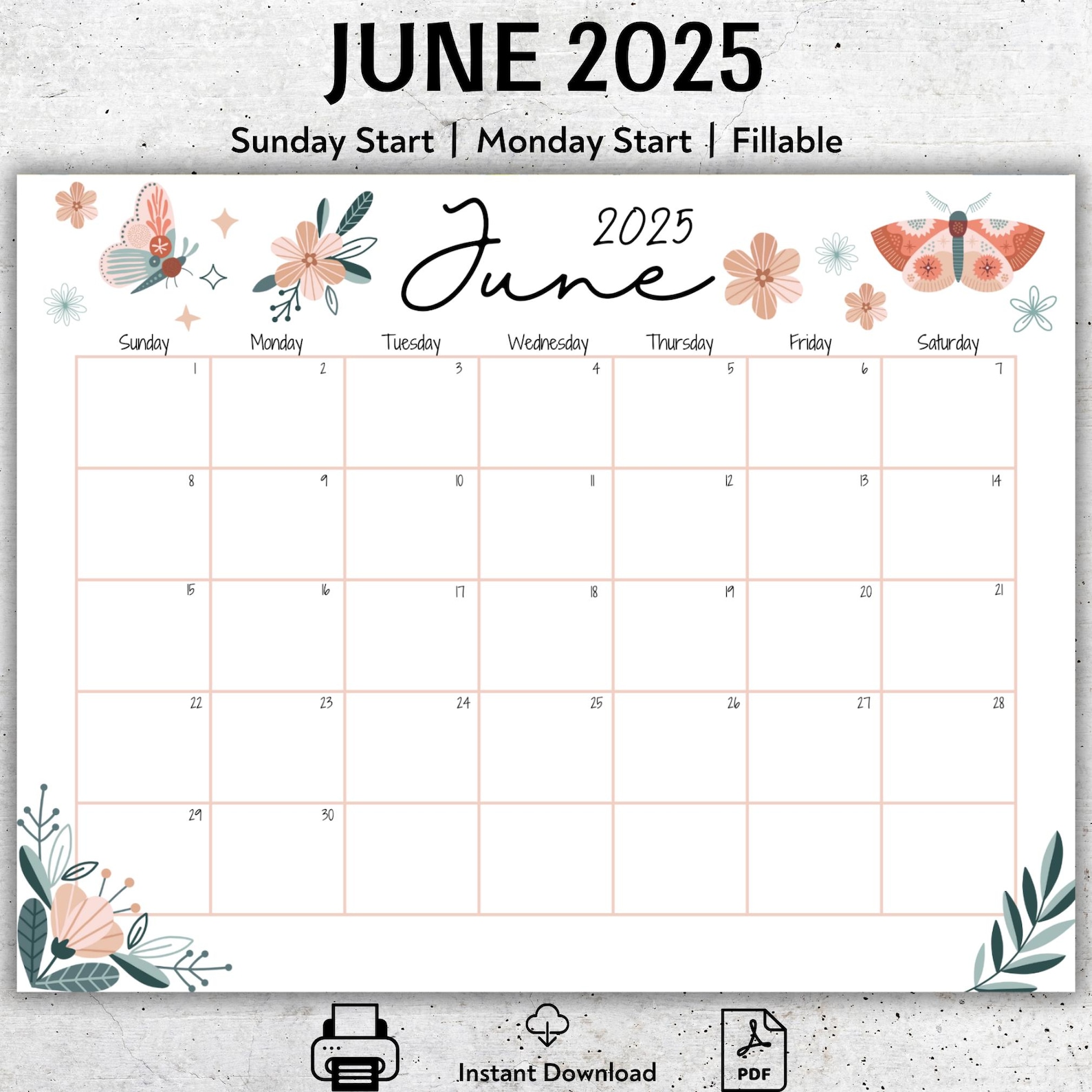 EDITABLE June 2025 Calendar, Boho Style, Beautiful Flowers and ...