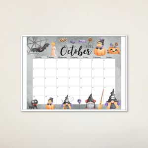 EDITABLE October 2024 Calendar, Happy Halloween, Cute Gnoms, Kid ...