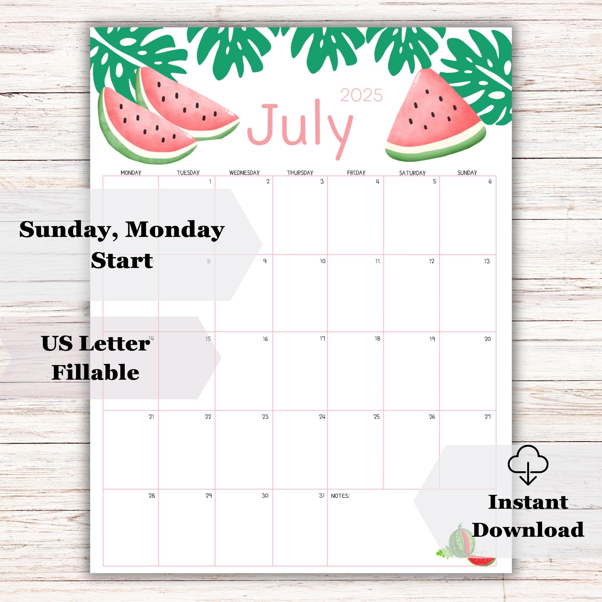 Printable July 2025 Calendar, Editable Planner July 2025, Watermelon ...