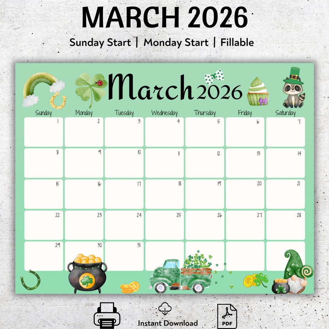 EDITABLE March 2026 Calendar, Happy St. Patrick's Day, Horseshoe, Green ...