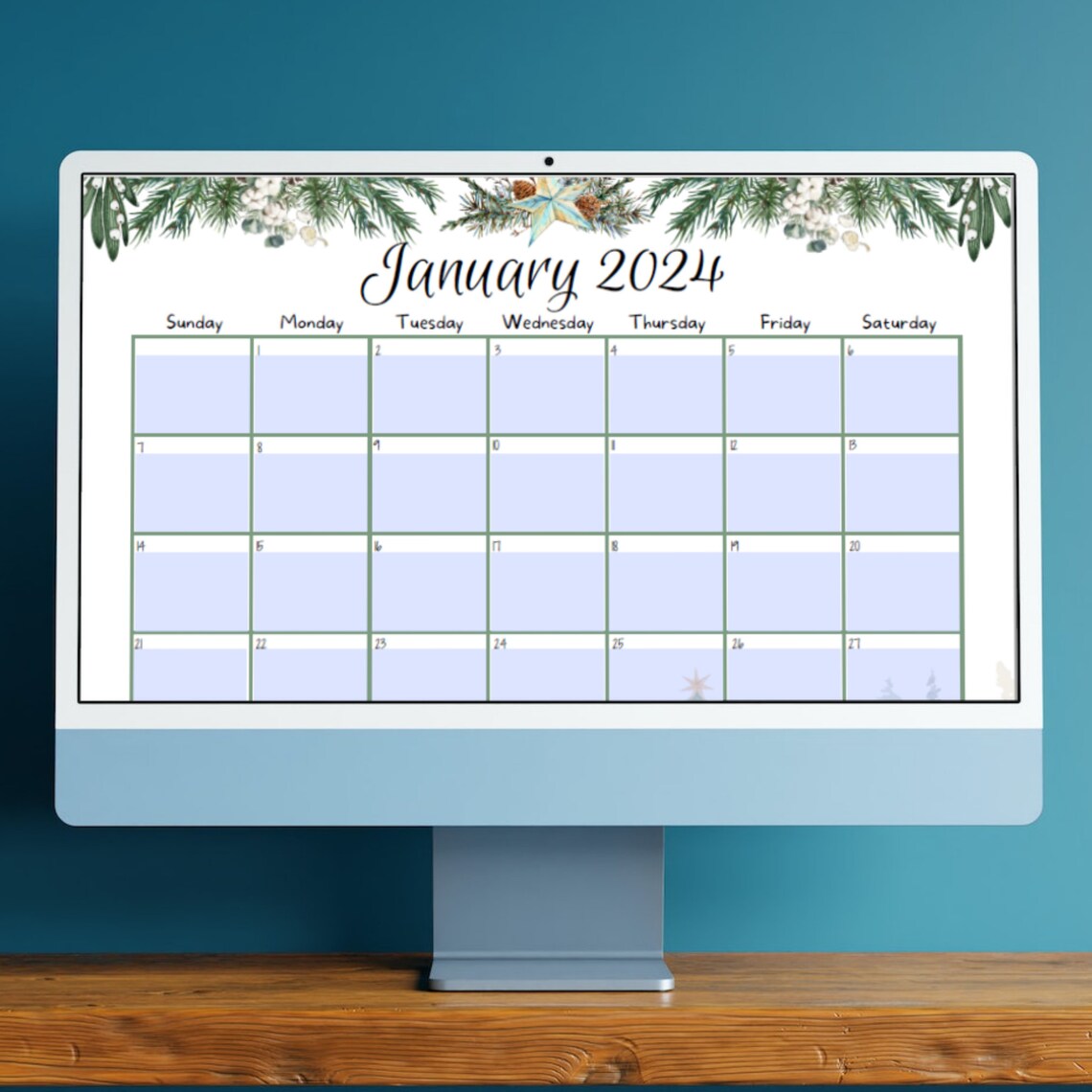 EDITABLE January 2024 Calendar, Snowy Pine Trees, Old Red Truck ...