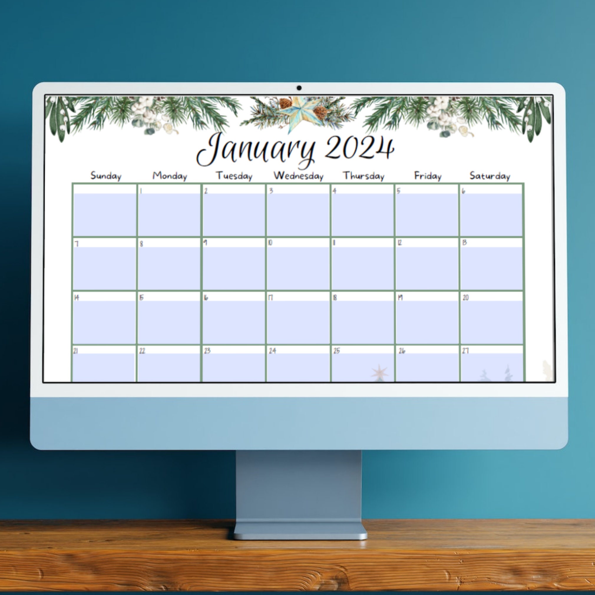 EDITABLE January 2024 Calendar, Snowy Pine Trees, Old Red Truck ...