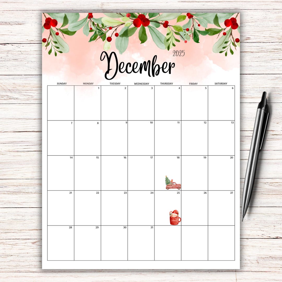 EDITABLE December 2025 Calendar, Beautiful Watercolor Flowers ...