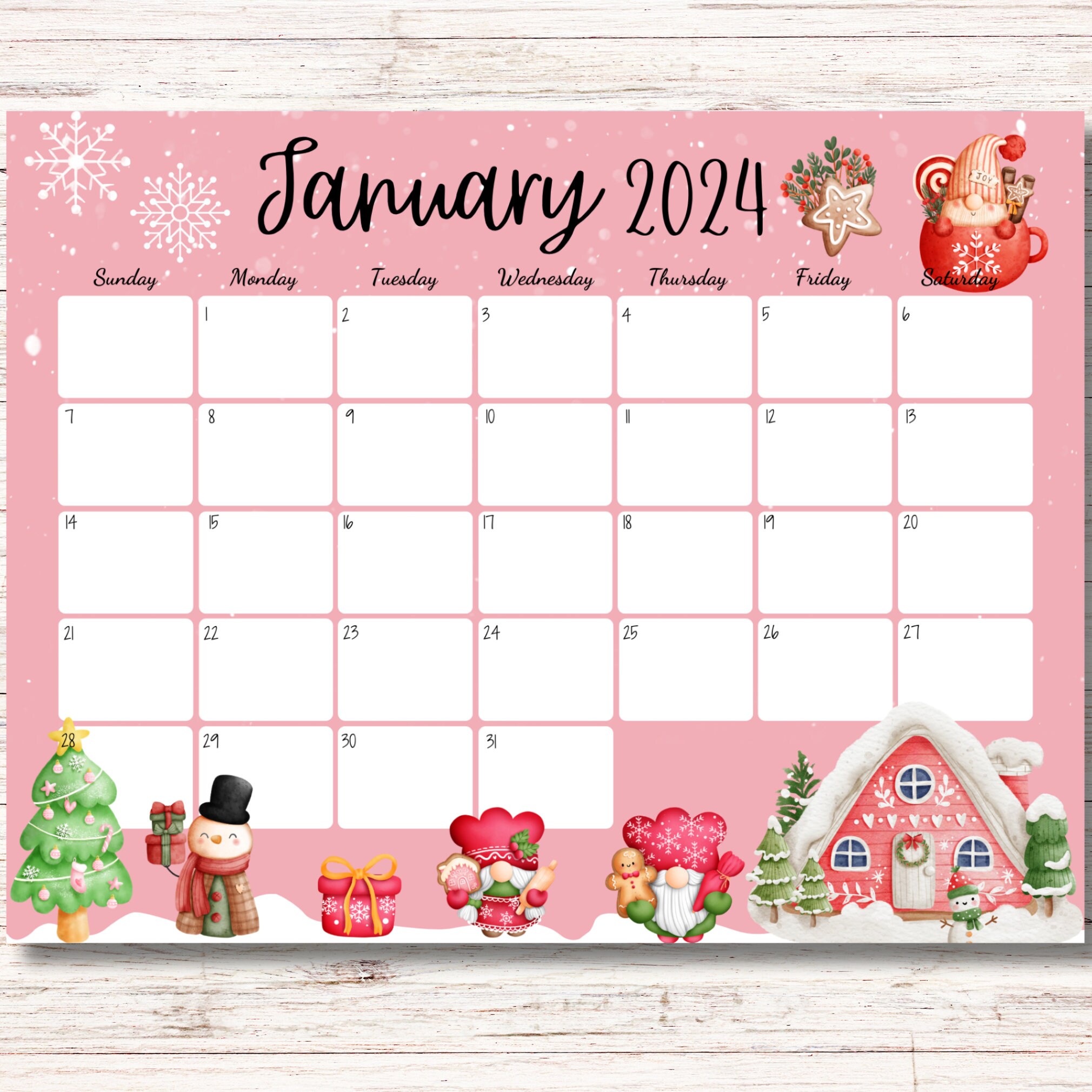EDITABLE January 2024 Calendar, Cute Gnoms, Beautiful Winter, Happy New ...