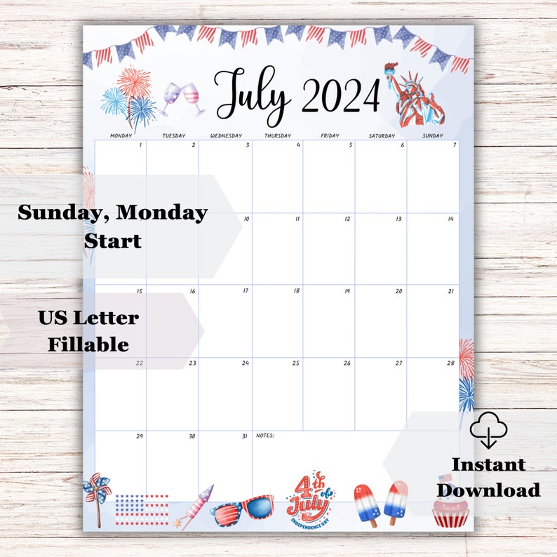 EDITABLE July 2024 Calendar, 4th July Independence Day, Happy 4th July ...