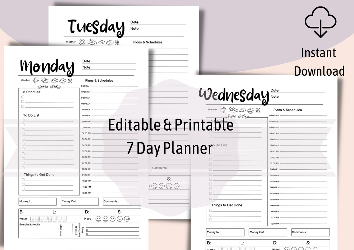 7 Day Planner Work Planner Printable Weekly Planner 365 - Etsy