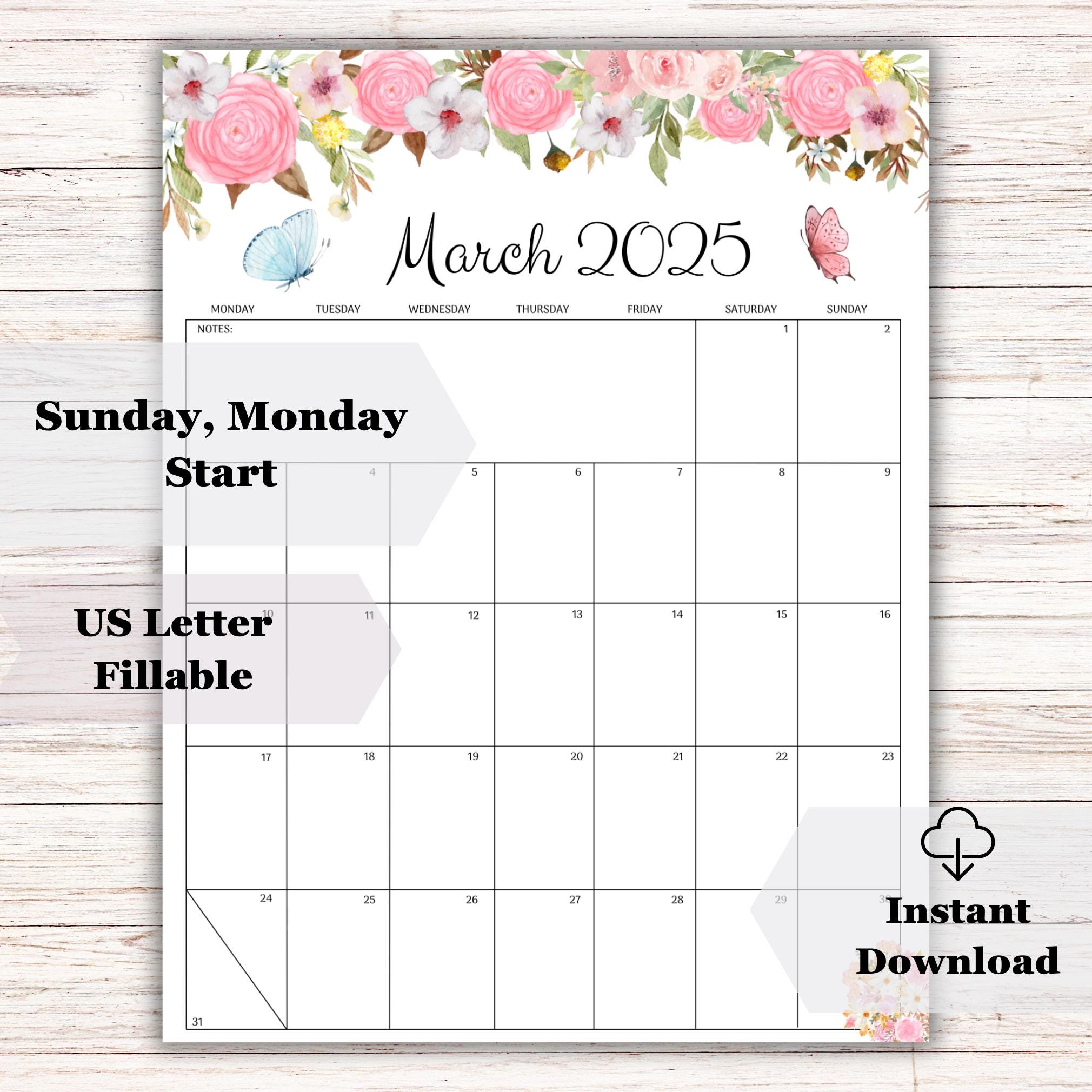 EDITABLE March 2025 Calendar, Printable 2025 March Calendar, Beautiful ...