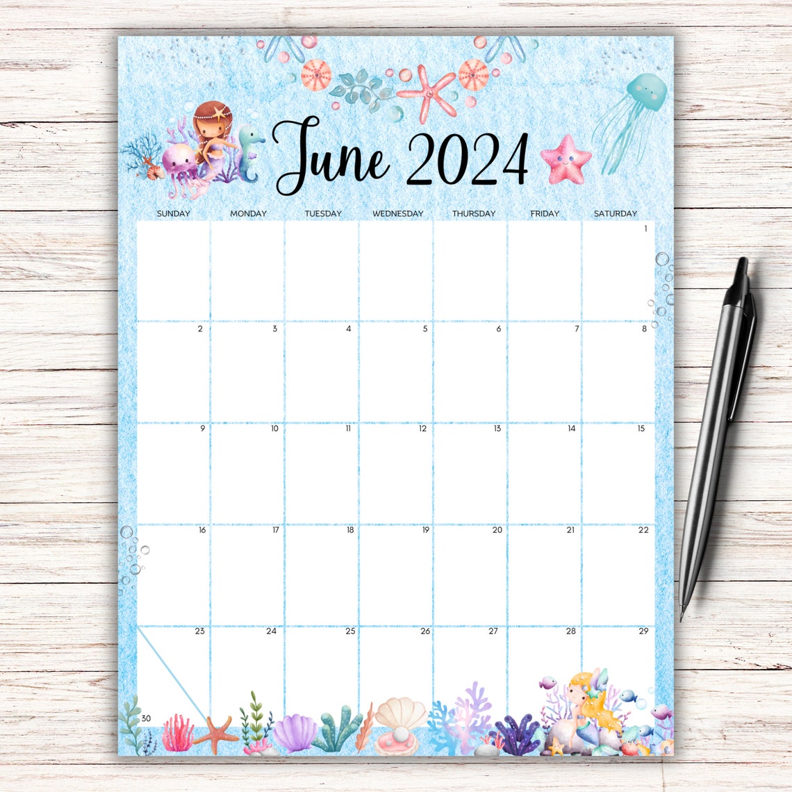 EDITABLE June 2024 Calendar, Wonderful Summer With Cute Sea Creatures ...