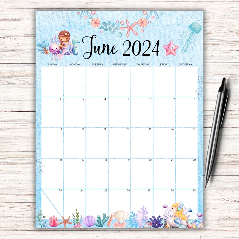 EDITABLE June 2024 Calendar, Wonderful Summer With Cute Sea Creatures ...