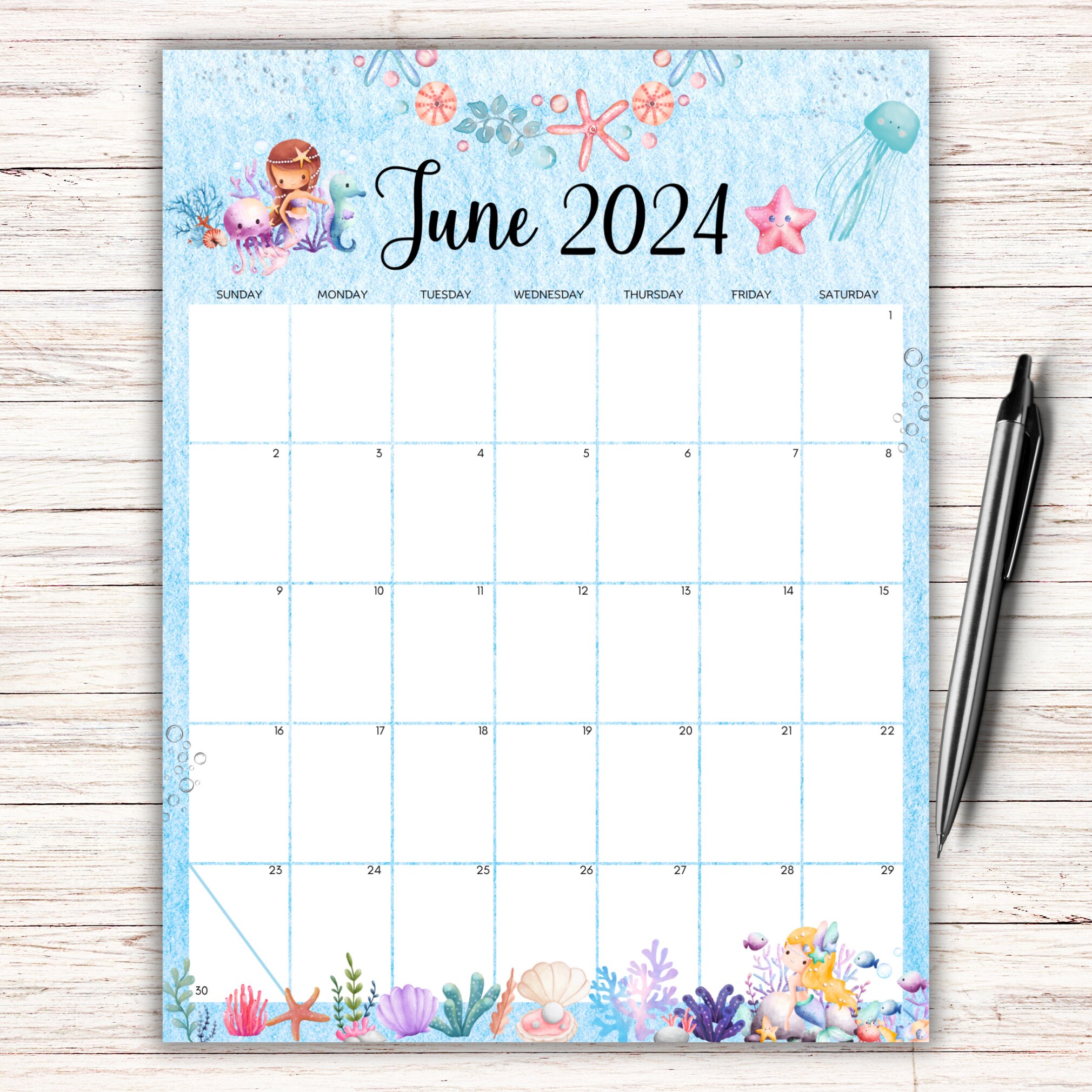 EDITABLE June 2024 Calendar, Wonderful Summer With Cute Sea Creatures ...