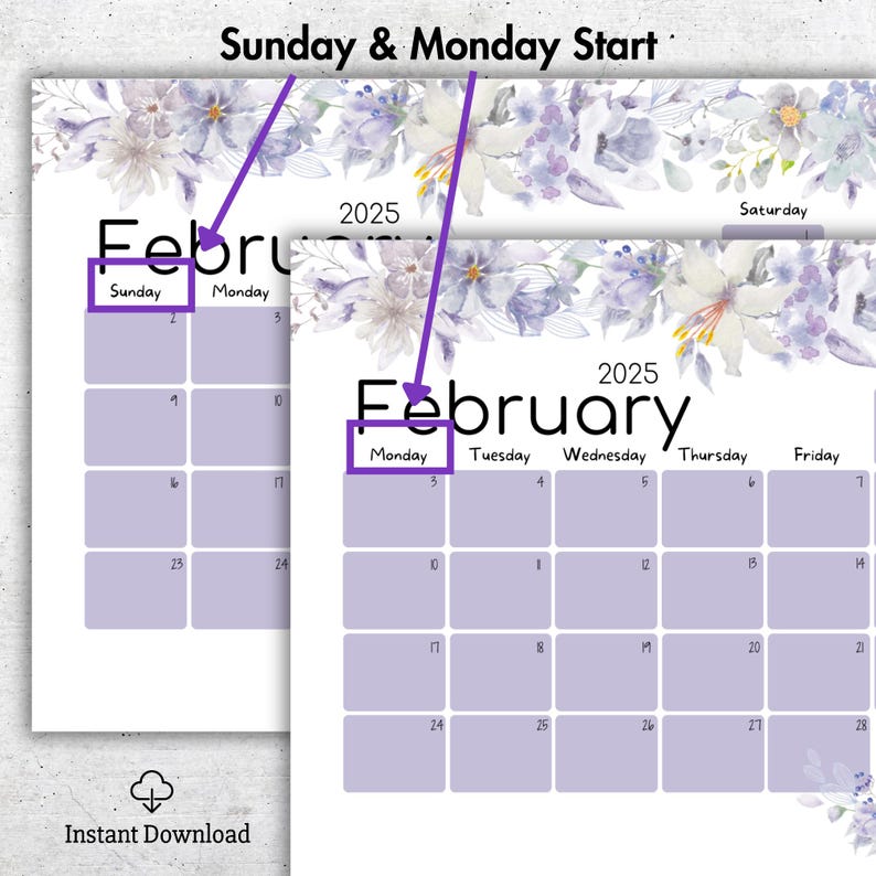 EDITABLE February 2025 Calendar, Beautiful Purple Flowers, Winter ...