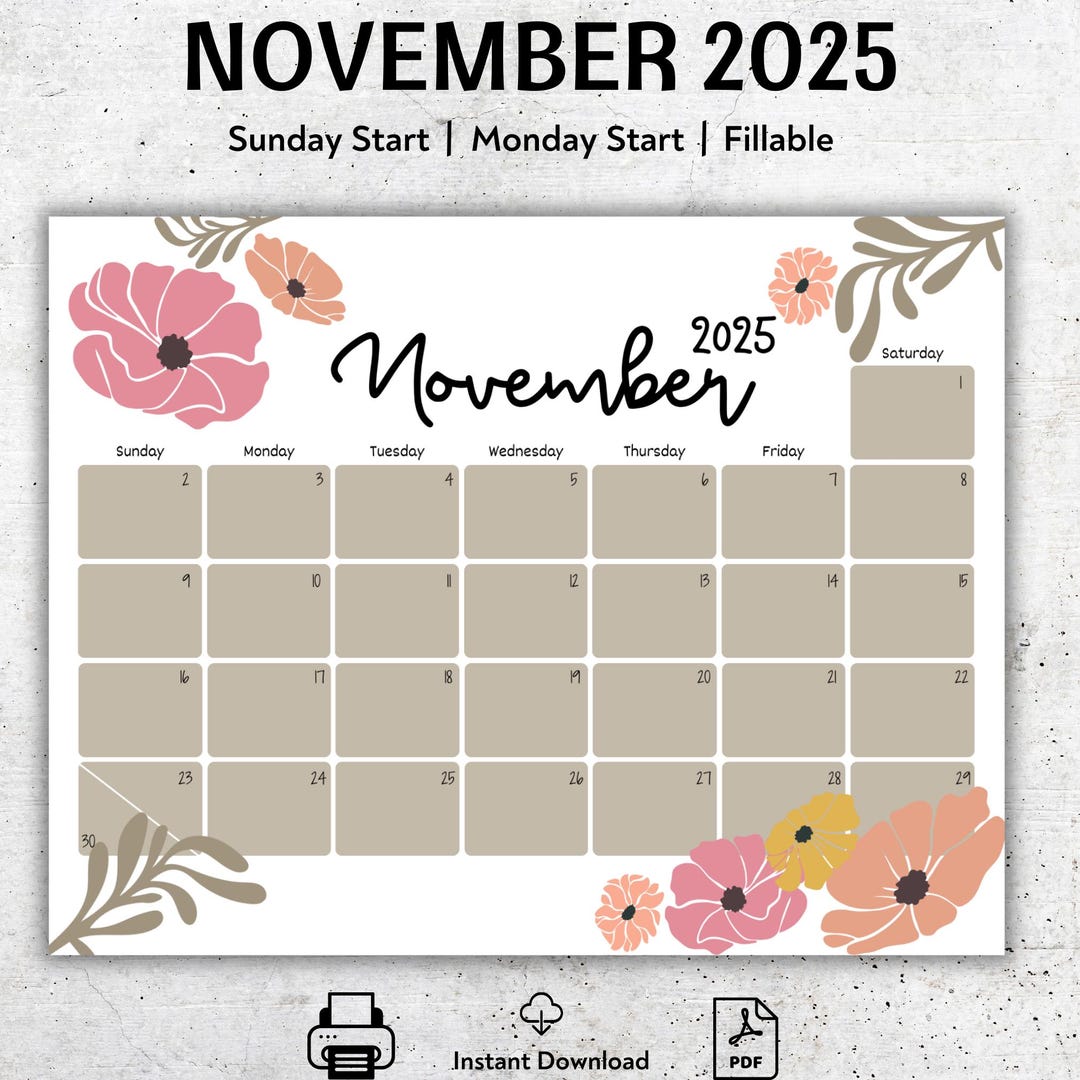 November 2025 Printable Monthly Calendar, Floral Aesthetic PDF Planner ...