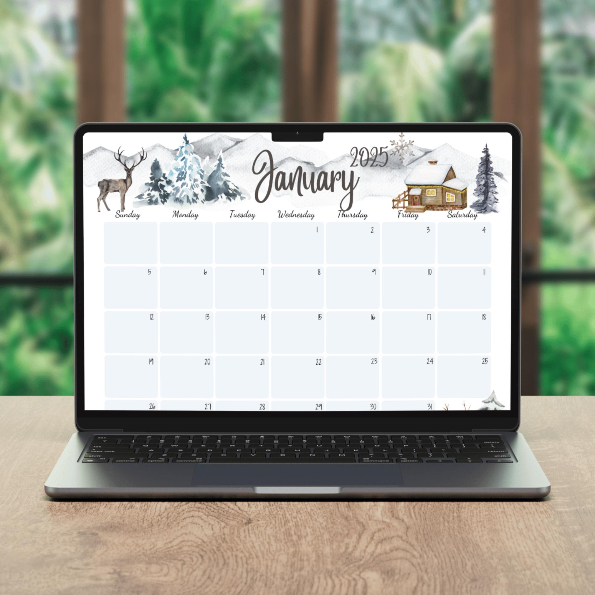 EDITABLE January 2025 Calendar, Beautiful Winter in a Countryside ...