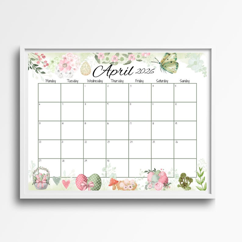 EDITABLE April 2026 Calendar, Happy Easter Day, Green Butterfly ...