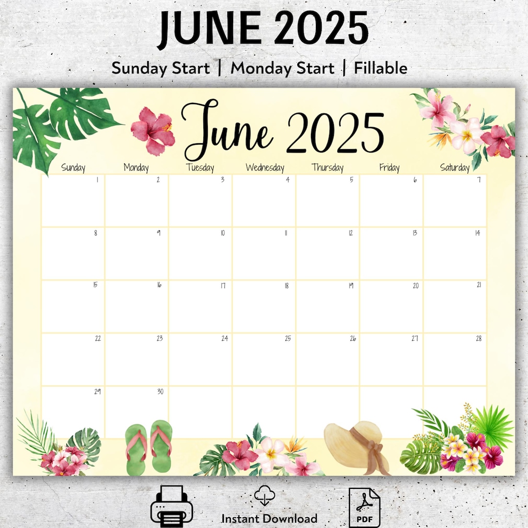 Printable June 2025 Calendar Tropical Theme, Sunday and Monday Start ...
