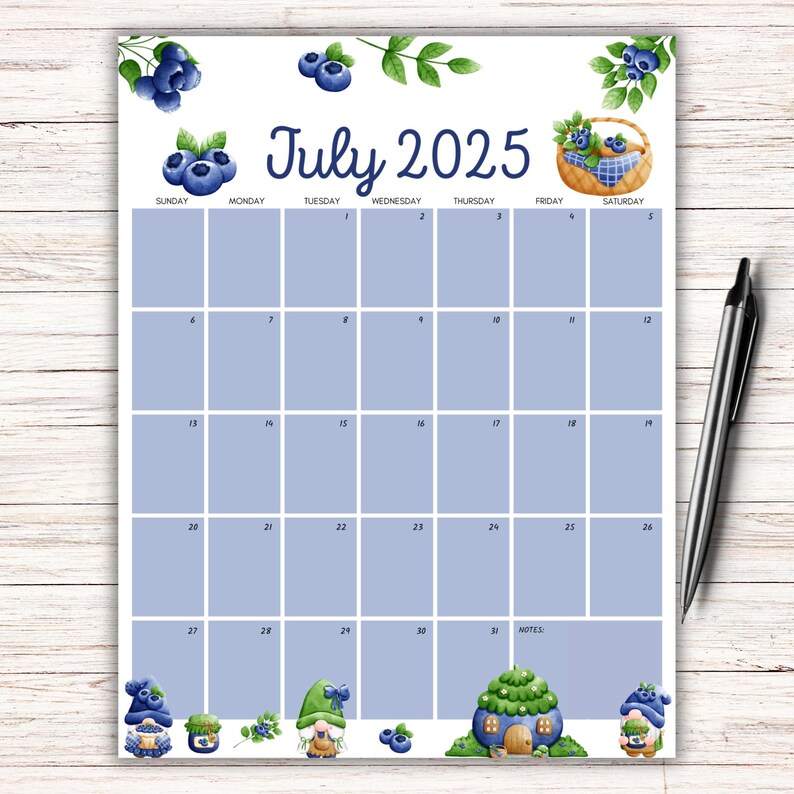 Blueberry-themed Printable Calendar July 2025, Cute Cottagecore Monthly ...