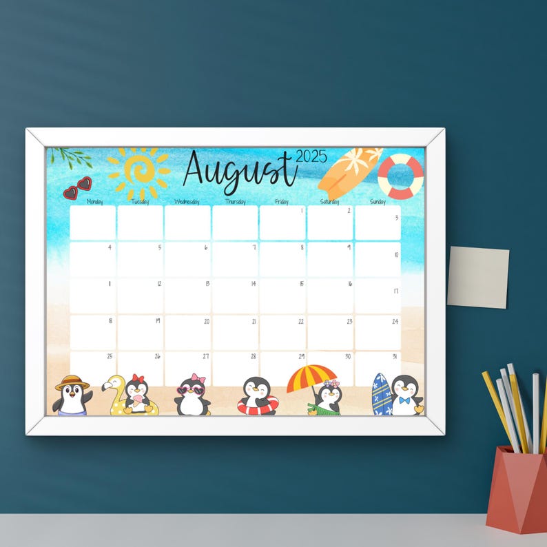 EDITABLE August 2025 Calendar, Beautiful Summer, Cute Penguins ...