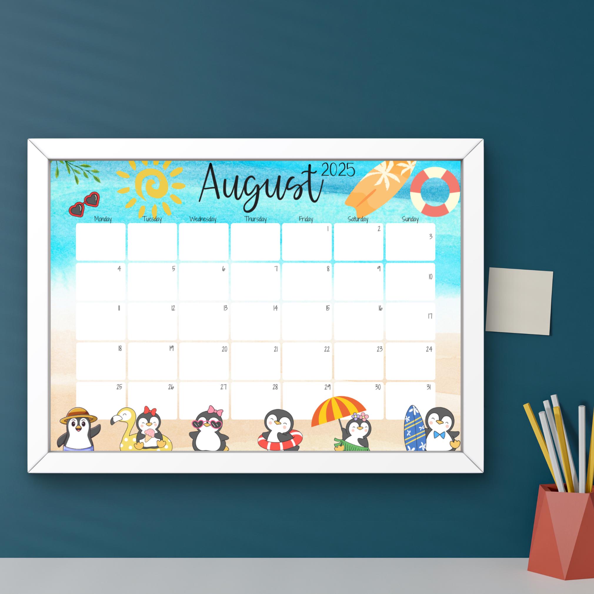 EDITABLE August 2025 Calendar, Beautiful Summer, Cute Penguins ...
