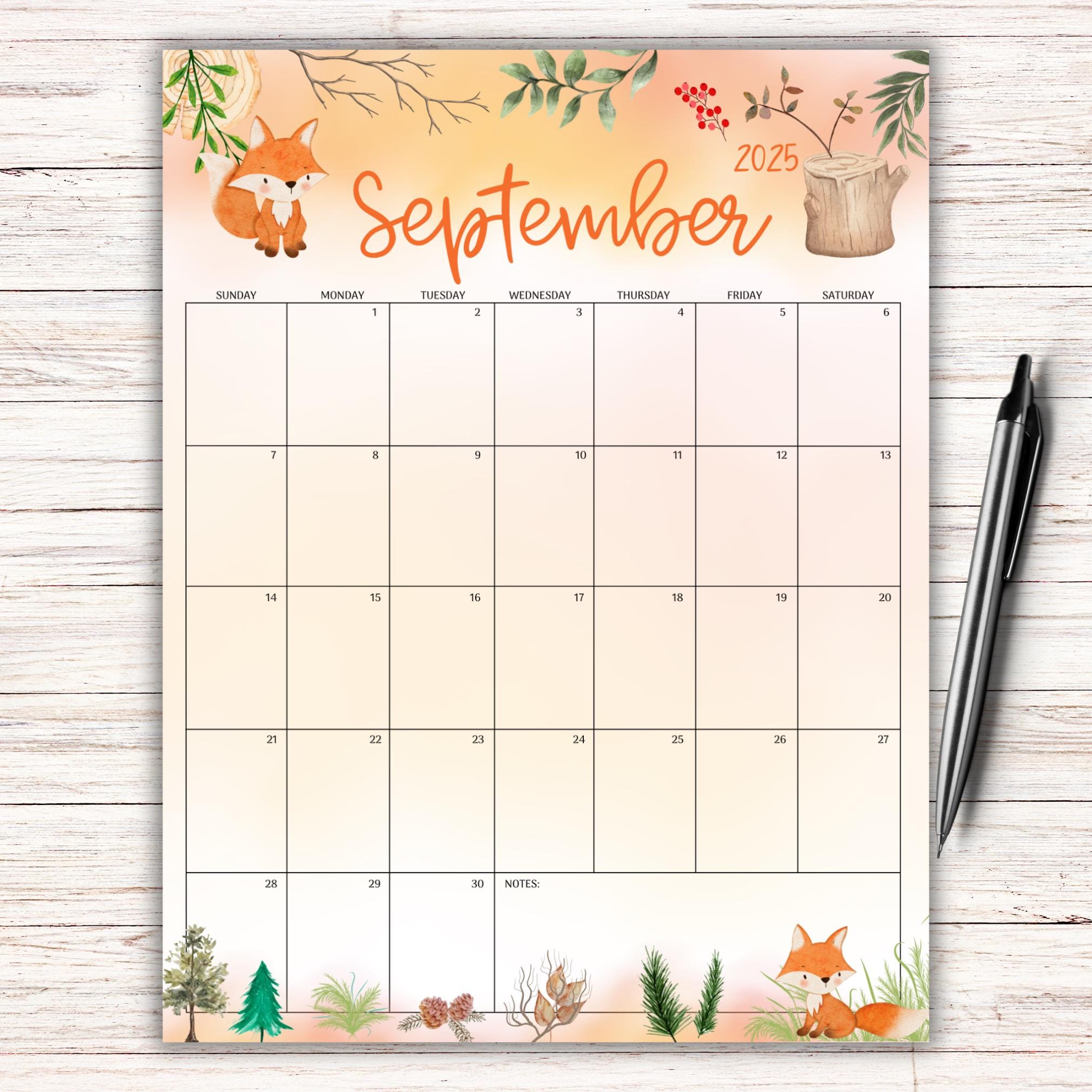 September 2025 Calendar, Back to School, Cute Fox, Vertical Calendar ...