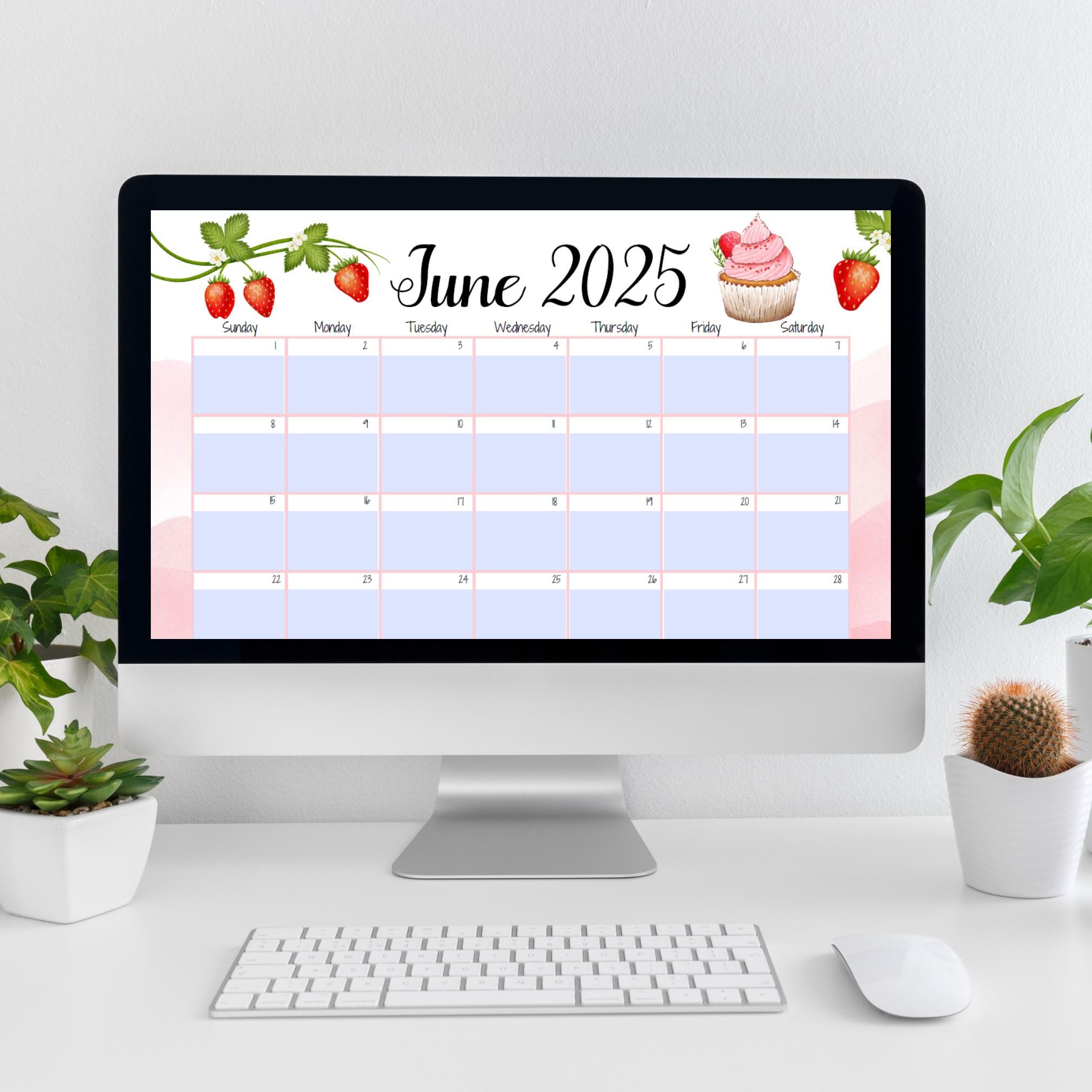 Strawberry-themed June 2025 Calendar, Printable Monthly Planner, US ...