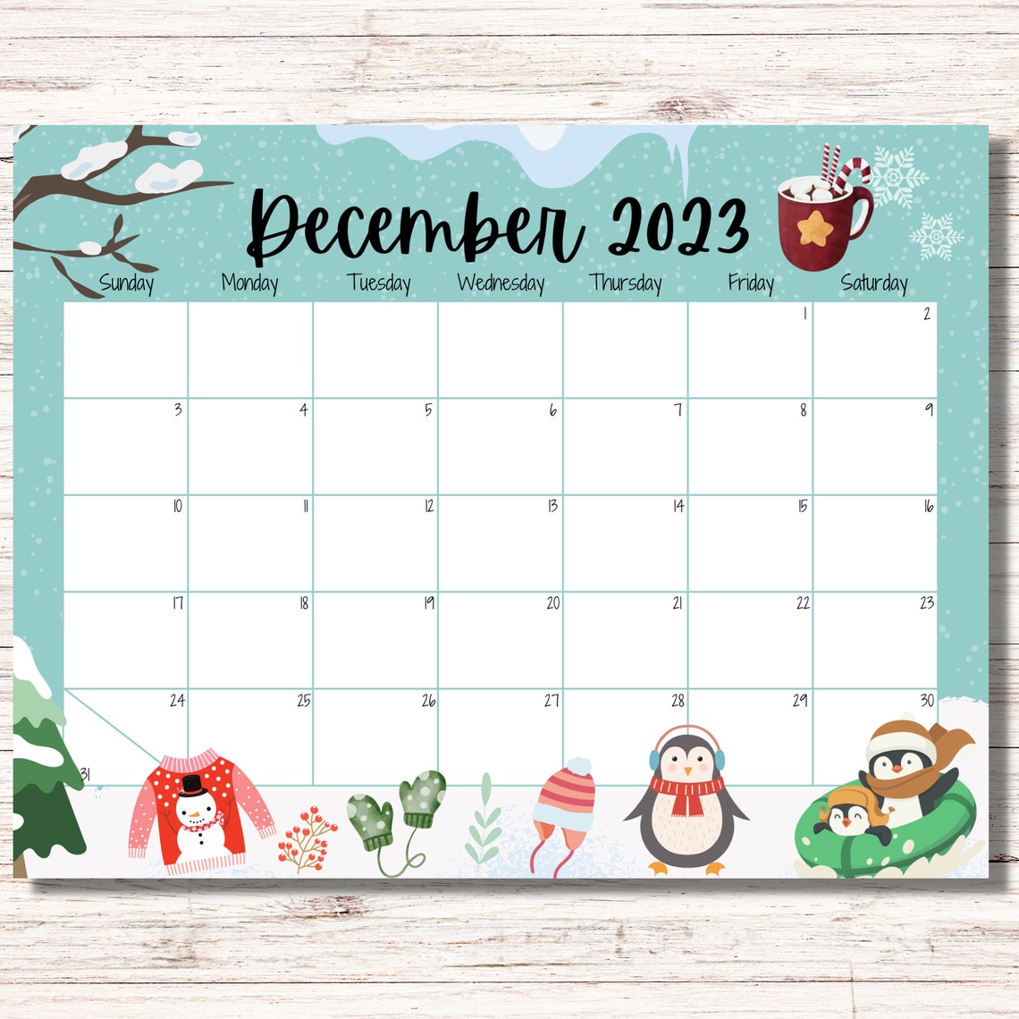 EDITABLE December 2023 Calendar, Cute Penguins, Beautiful Winter ...