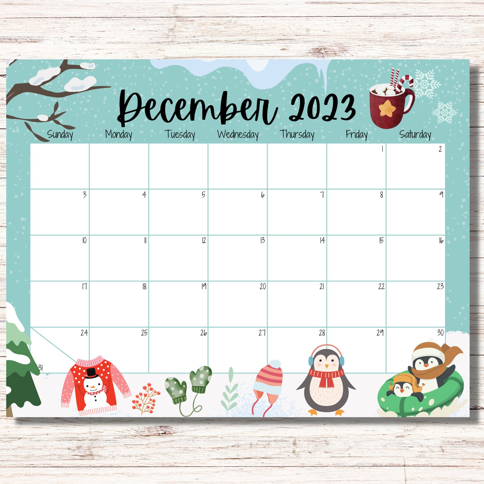EDITABLE December 2023 Calendar, Cute Penguins, Beautiful Winter, Printable Fillable Planner ...