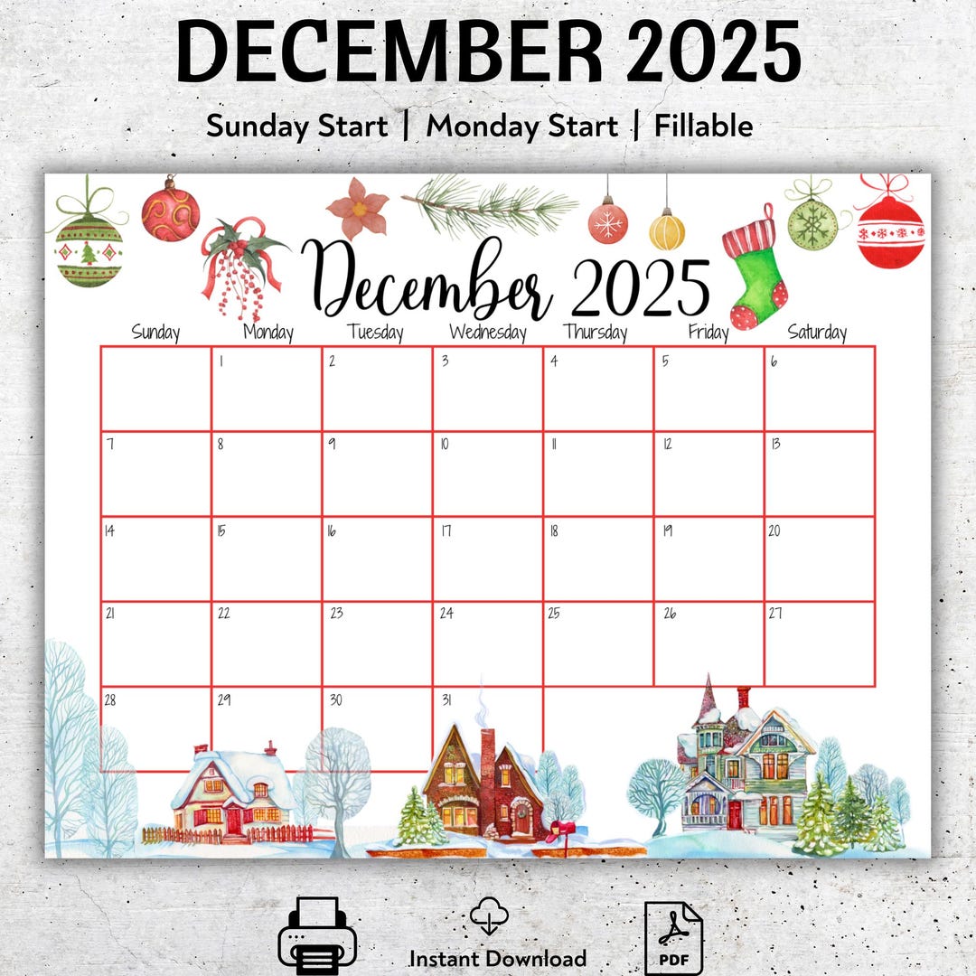Calendario de diciembre de 2025 editable, Feliz Navidad, Casas nevadas ...