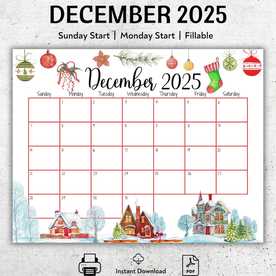 Calendario de diciembre de 2025 editable, Feliz Navidad, Casas nevadas, Planificador mensual ...