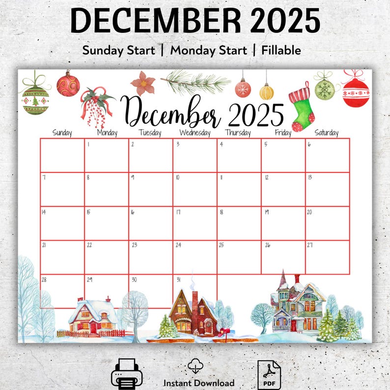 EDITABLE December 2025 Calendar, Happy Christmas, Snowy Houses ...