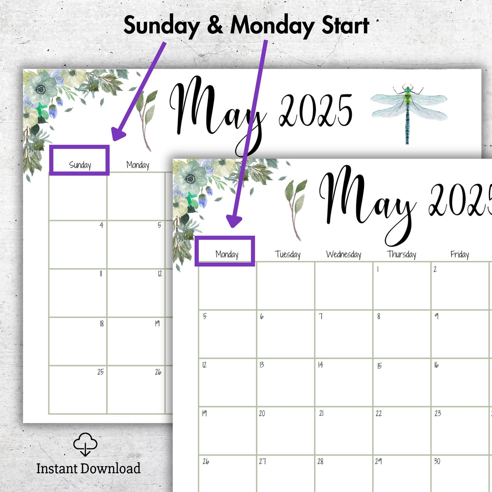 Editable/printable May 2025 Calendar, Green Flowers, Beautiful ...