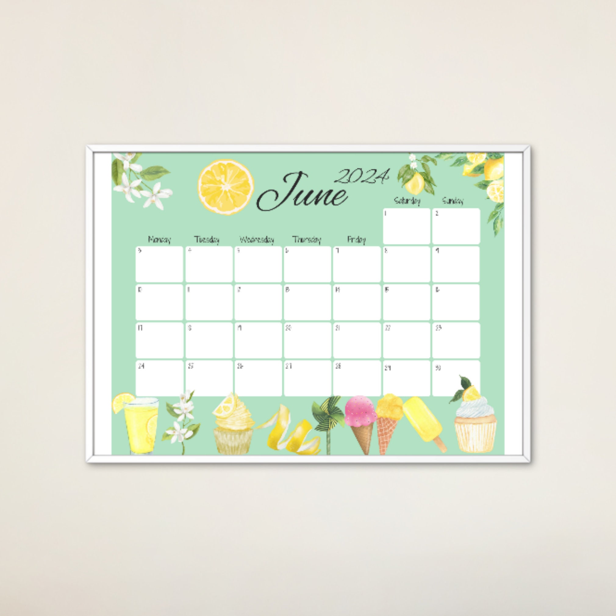 EDITABLE June 2024 Calendar, Yellow Lemons, Delicious Ice Creams, Green ...