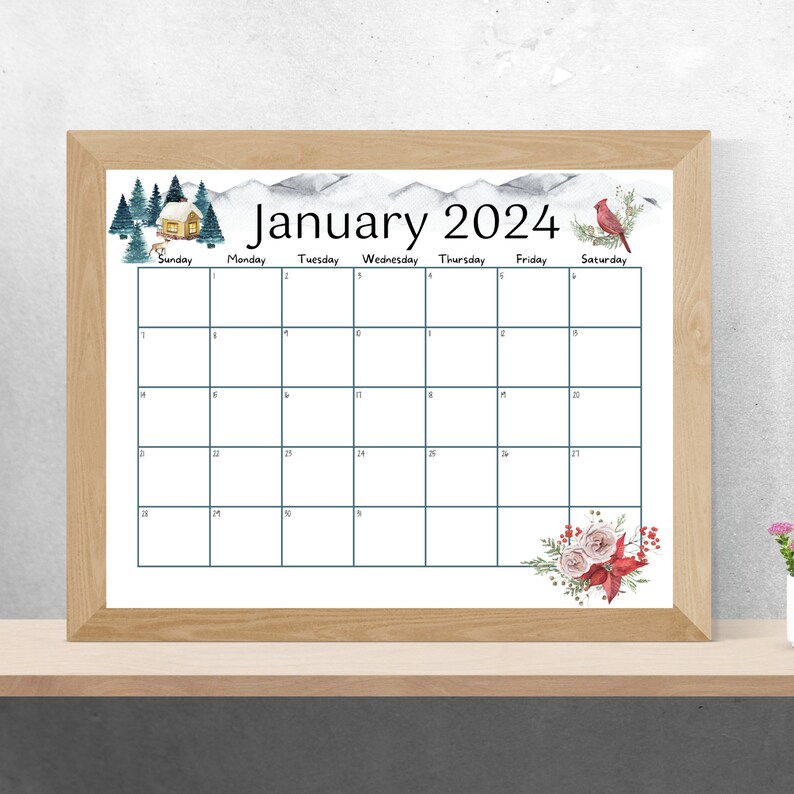 EDITABLE January 2024 Calendar, Beautiful Winter in a Countryside ...