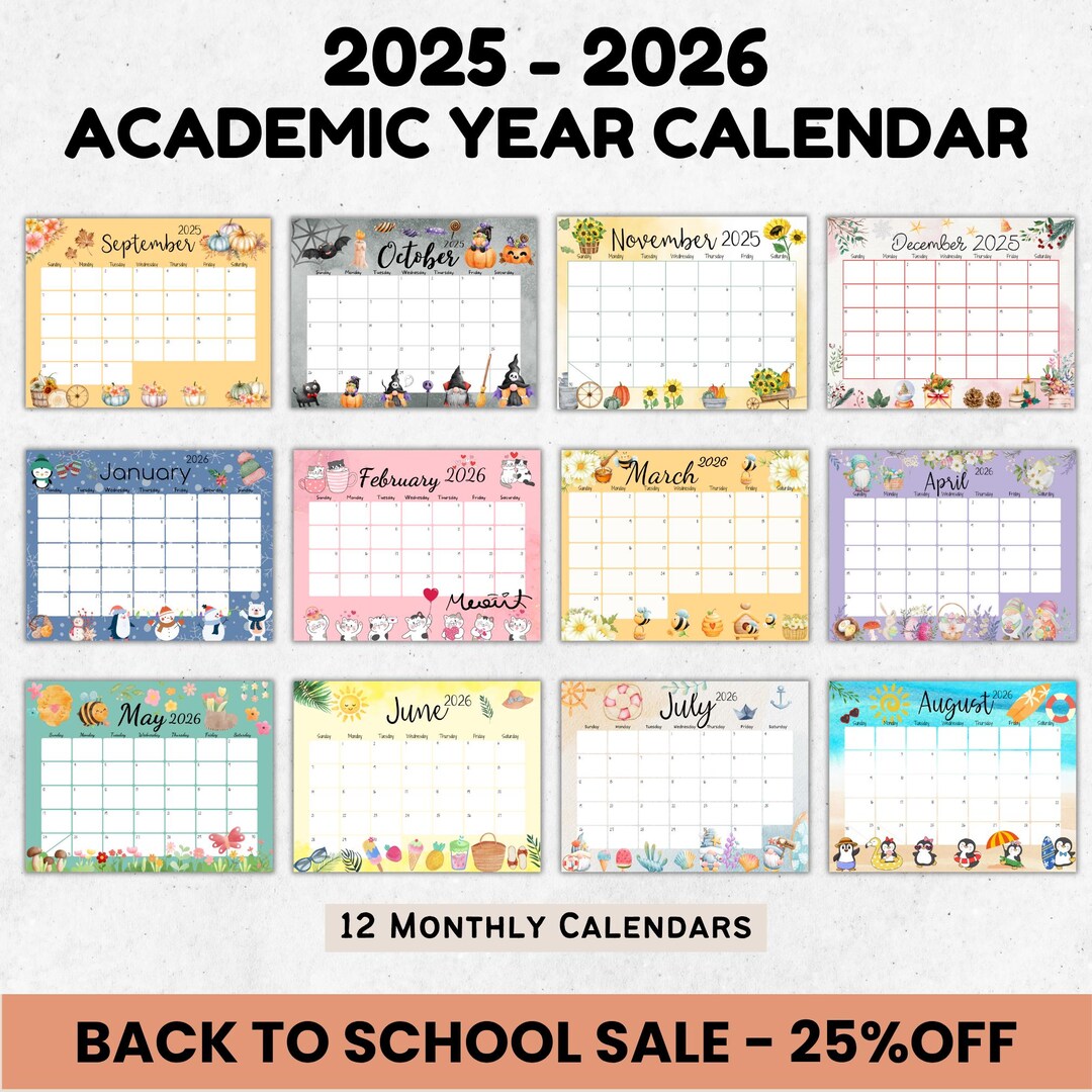 2025 2026 Academic Calendar Bundle, Printable Monthly Calendar PDF ...