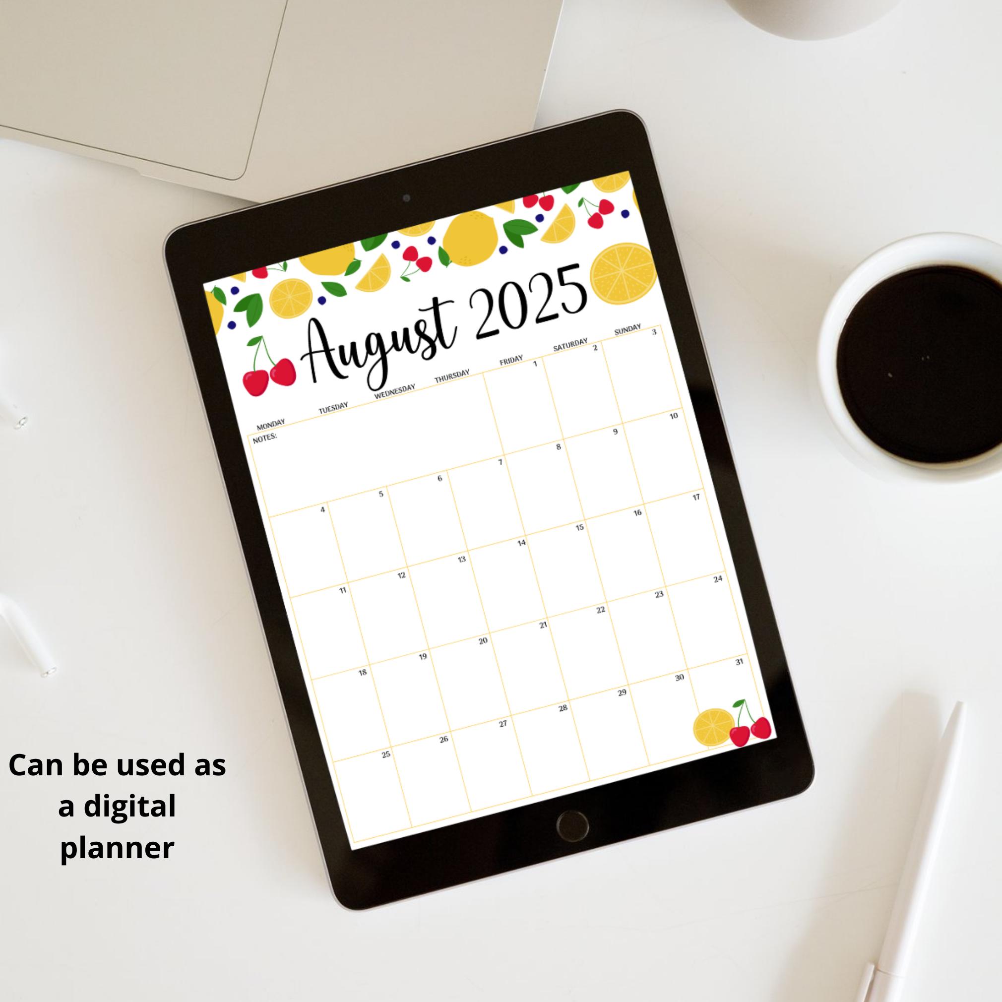 August 2025 Printable Calendar, Fruit Theme Monthly Planner, US Letter ...