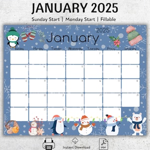 EDITABLE January 2025 Calendar, Beautiful Winter, Snowmen and Penguins ...