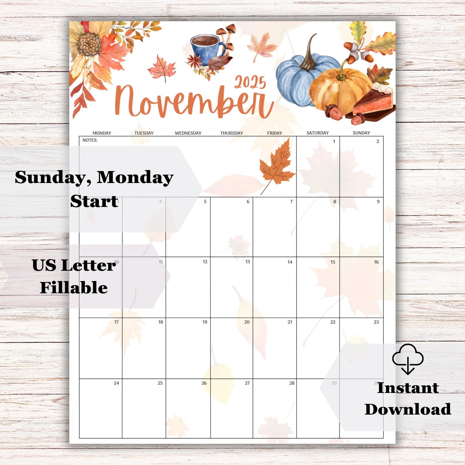 EDITABLE November 2025 Calendar, Beautiful Fall and Pumpkins, College ...