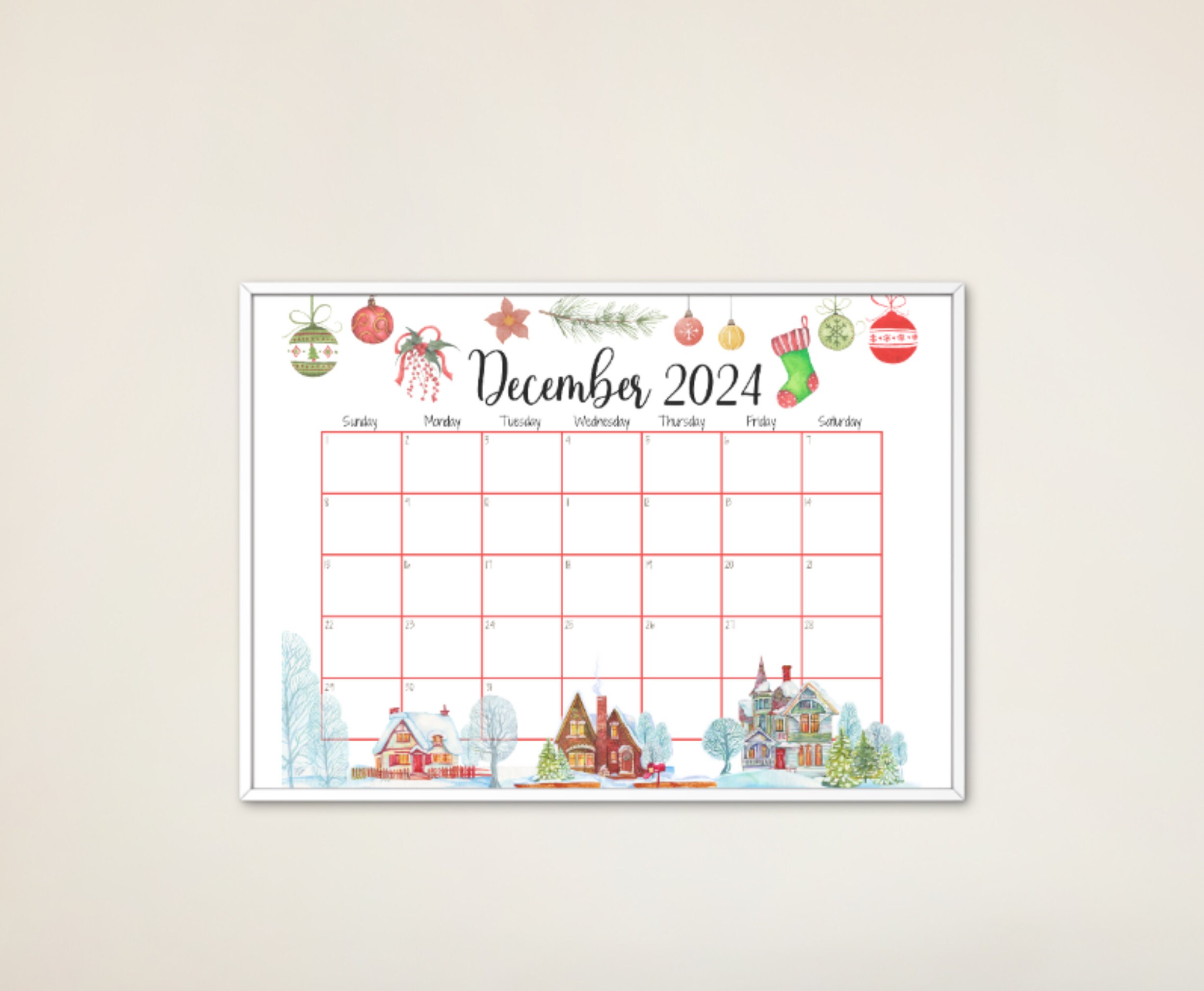 Calendario EDITABLE diciembre 2024, Feliz Navidad, Casas Nevadas ...