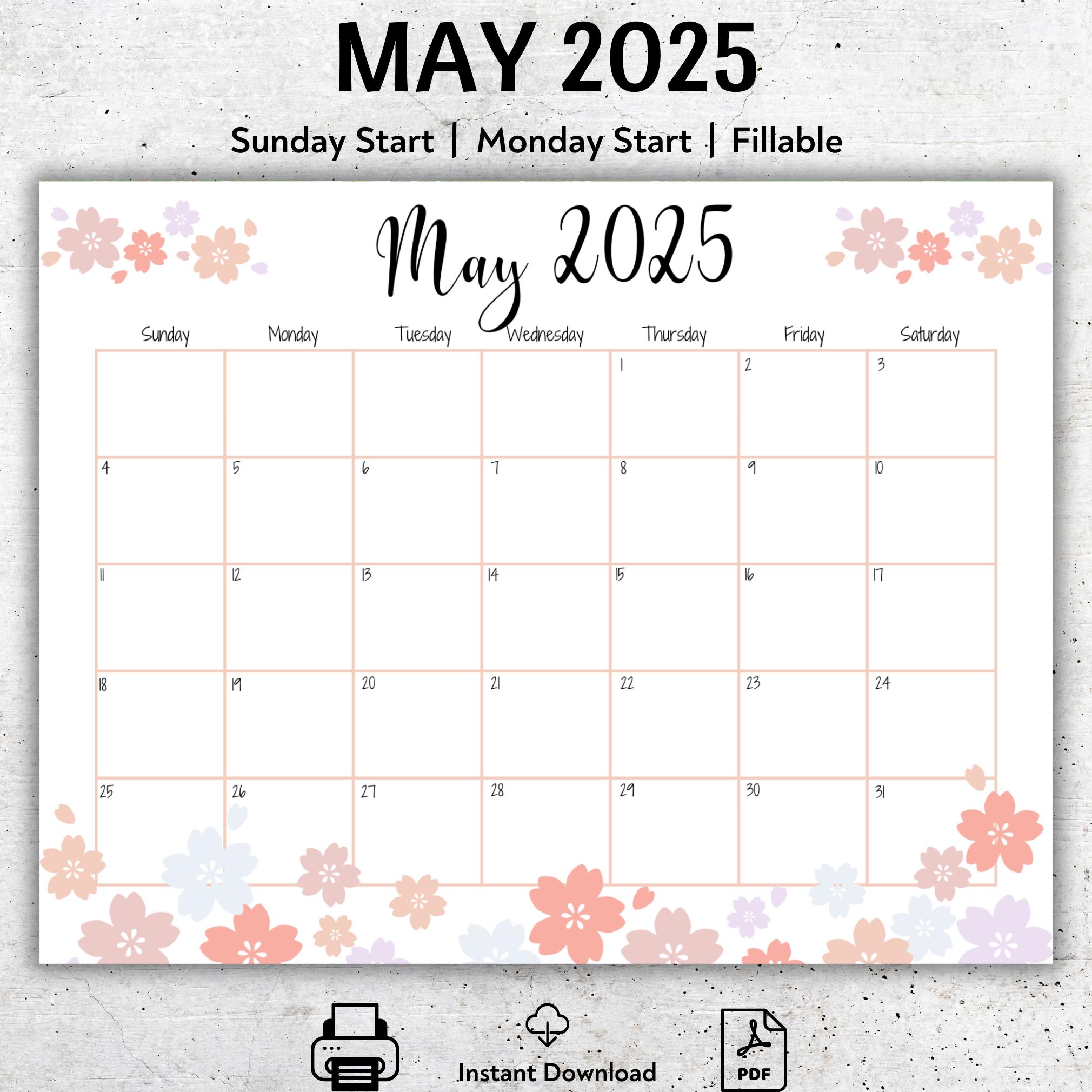EDITABLE May 2025 Calendar, Colorful Flowers, Beautiful Spring ...