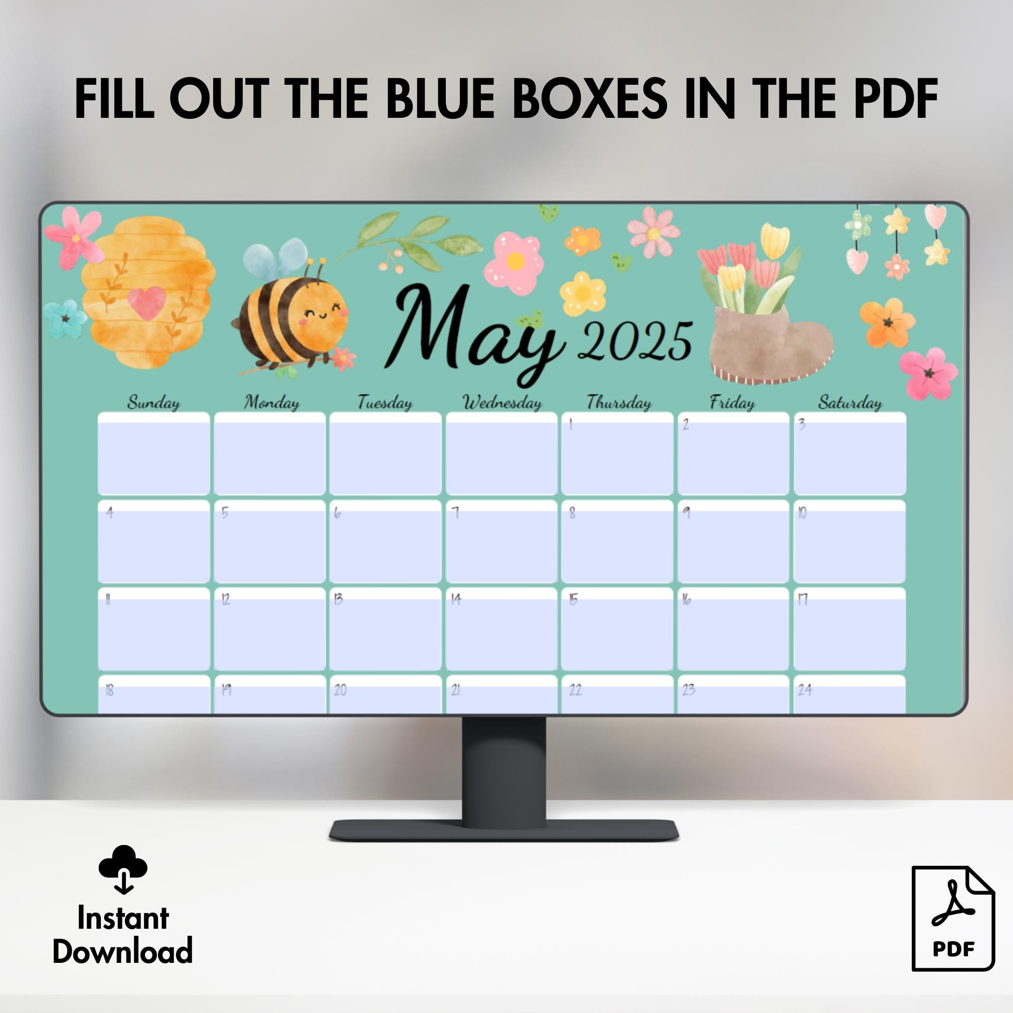 EDITABLE May 2025 Calendar, Beautiful Spring, Colorful Flowers, Cute ...
