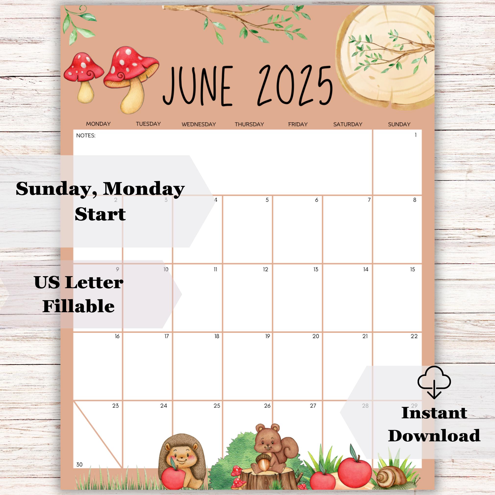 June 2025 Woodland Animals Printable Calendar, Forest-themed Planner ...