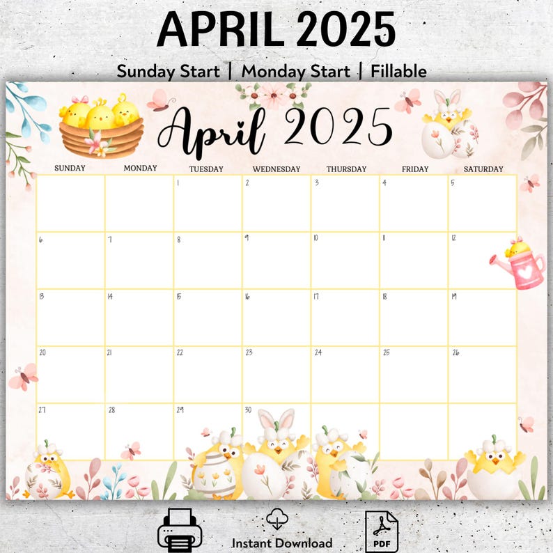 EDITABLE April 2025 Calendar, Printable April 2025 Calendar, Fillable ...